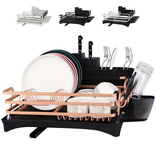 Aluminum Dish Drying Rack, ROTTOGOON Rustproof Dish Rack and Drainboard Set with Drainage, Utensil Holder, Cup Holder, Compact Dish Drainer for Kitchen Counter Cabinet, 16.5"L x 11.8"W, Black & Copper