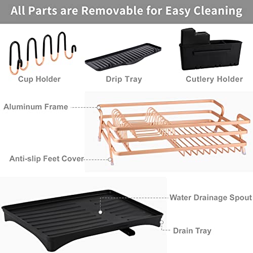 Aluminum Dish Drying Rack, ROTTOGOON Rustproof Dish Rack and Drainboard Set with Drainage, Utensil Holder, Cup Holder, Compact Dish Drainer for Kitchen Counter Cabinet, 16.5"L x 11.8"W, Black & Copper