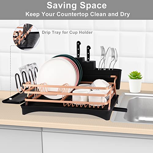 Aluminum Dish Drying Rack, ROTTOGOON Rustproof Dish Rack and Drainboard Set with Drainage, Utensil Holder, Cup Holder, Compact Dish Drainer for Kitchen Counter Cabinet, 16.5"L x 11.8"W, Black & Copper