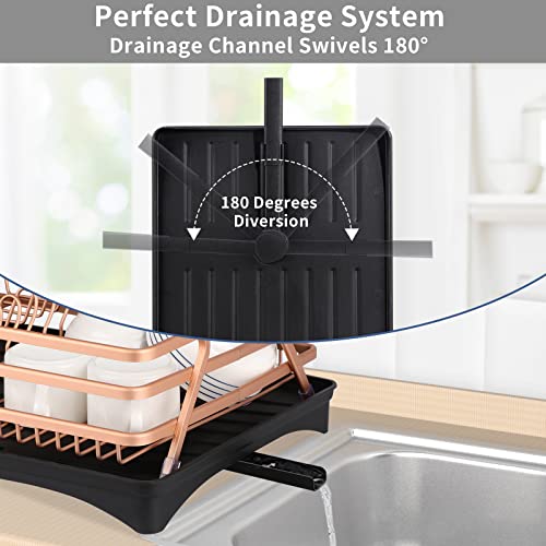 Aluminum Dish Drying Rack, ROTTOGOON Rustproof Dish Rack and Drainboard Set with Drainage, Utensil Holder, Cup Holder, Compact Dish Drainer for Kitchen Counter Cabinet, 16.5"L x 11.8"W, Black & Copper