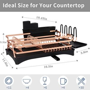 Aluminum Dish Drying Rack, ROTTOGOON Rustproof Dish Rack and Drainboard Set with Drainage, Utensil Holder, Cup Holder, Compact Dish Drainer for Kitchen Counter Cabinet, 16.5"L x 11.8"W, Black & Copper