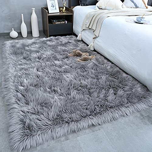 ISEAU Soft Faux Fur Fluffy Area Rug, Luxury Fuzzy Sheepskin Carpet Rugs for Bedroom Living Room, Shaggy Silky Plush Carpet Bedside Rug Floor Mat, 3ft x 5ft, Gray