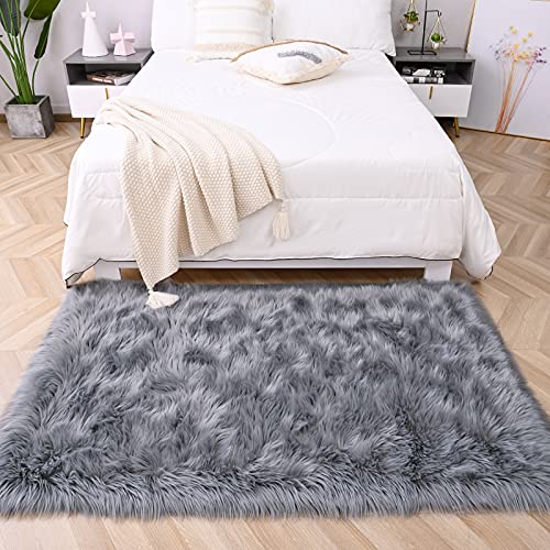 ISEAU Soft Faux Fur Fluffy Area Rug, Luxury Fuzzy Sheepskin Carpet Rugs for Bedroom Living Room, Shaggy Silky Plush Carpet Bedside Rug Floor Mat, 3ft x 5ft, Gray