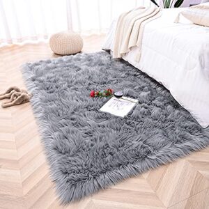 ISEAU Soft Faux Fur Fluffy Area Rug, Luxury Fuzzy Sheepskin Carpet Rugs for Bedroom Living Room, Shaggy Silky Plush Carpet Bedside Rug Floor Mat, 3ft x 5ft, Gray