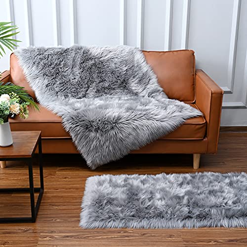 ISEAU Soft Faux Fur Fluffy Area Rug, Luxury Fuzzy Sheepskin Carpet Rugs for Bedroom Living Room, Shaggy Silky Plush Carpet Bedside Rug Floor Mat, 3ft x 5ft, Gray