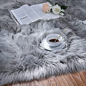 ISEAU Soft Faux Fur Fluffy Area Rug, Luxury Fuzzy Sheepskin Carpet Rugs for Bedroom Living Room, Shaggy Silky Plush Carpet Bedside Rug Floor Mat, 3ft x 5ft, Gray