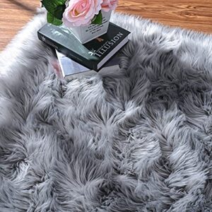 ISEAU Soft Faux Fur Fluffy Area Rug, Luxury Fuzzy Sheepskin Carpet Rugs for Bedroom Living Room, Shaggy Silky Plush Carpet Bedside Rug Floor Mat, 3ft x 5ft, Gray