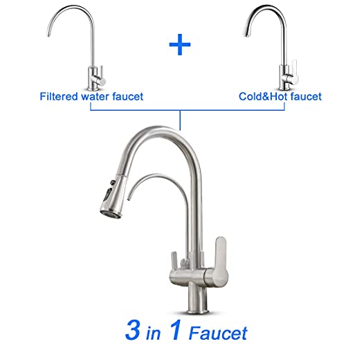 MENATT Filter Kitchen Faucet with Drinking Water Faucet, High Arc Pull Down 3-Way Kitchen Faucet, 3 in 1 Sink Cold and Hot Mixer Tap (Brushed Nickel)