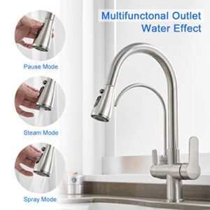 MENATT Filter Kitchen Faucet with Drinking Water Faucet, High Arc Pull Down 3-Way Kitchen Faucet, 3 in 1 Sink Cold and Hot Mixer Tap (Brushed Nickel)