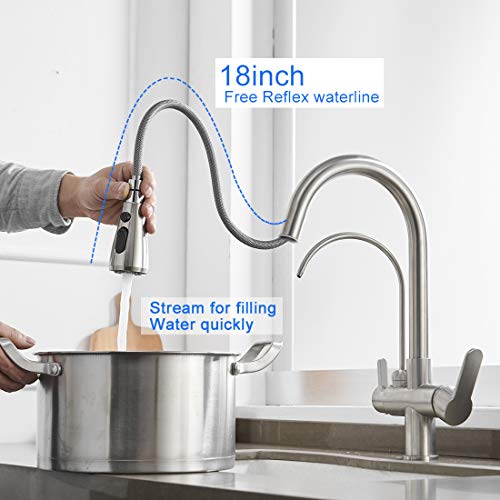 MENATT Filter Kitchen Faucet with Drinking Water Faucet, High Arc Pull Down 3-Way Kitchen Faucet, 3 in 1 Sink Cold and Hot Mixer Tap (Brushed Nickel)