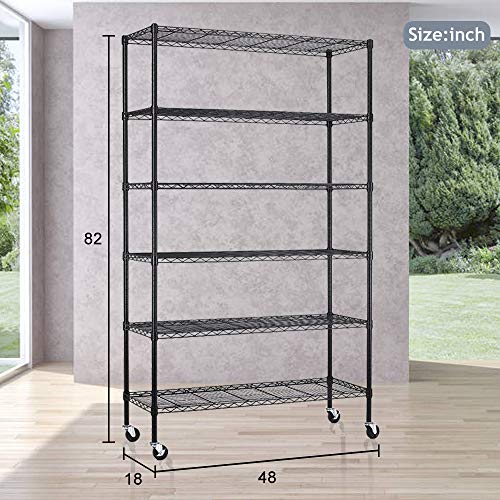 HGS Storage Shelves 6 Tier Wire Shelving Unit with Wheels Heavy Duty Metal Shelf Garage Rack Adjustable Steel Wire Shelf Utility Storage Rack with Casters, NSF-Certified (48 x 18 x 82 inches, Black)