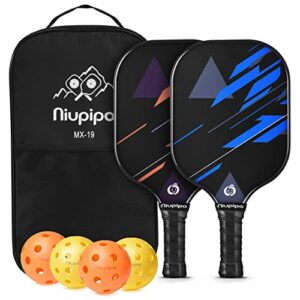 niupipo pickleball paddles, lightweight pickleball rackets w/fiberglass surface, pickleball set of 4 balls and 1 pickleball bag