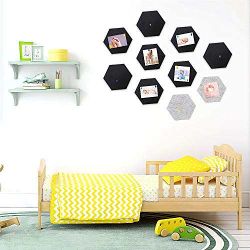 Cork Board Tiles Bulletin Board, 10Pcs Hexagon Felt Memo Board, Cute Picture Pin Board with 20 Pcs Push Pins, Decoration for Home Office Classroom Wall 6.8 x 5.9 x 0.25 inch