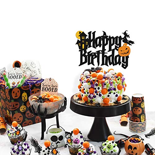 YOYMARR Halloween Cake Topper Happy Birthday Sign Cake Decorations for Halloween Wizard Ghost Pumpkin Themed Birthday Party Supplies Black Sparkle Decor