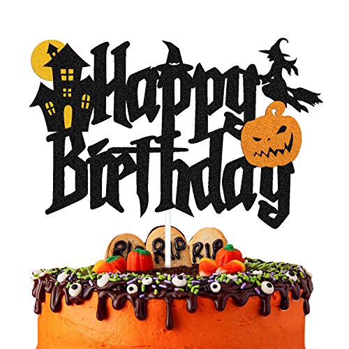 YOYMARR Halloween Cake Topper Happy Birthday Sign Cake Decorations for Halloween Wizard Ghost Pumpkin Themed Birthday Party Supplies Black Sparkle Decor