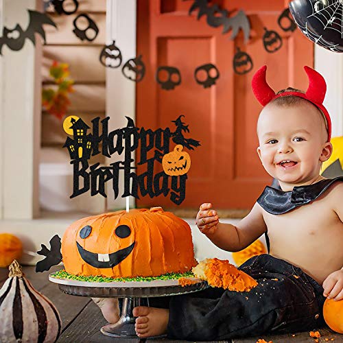 YOYMARR Halloween Cake Topper Happy Birthday Sign Cake Decorations for Halloween Wizard Ghost Pumpkin Themed Birthday Party Supplies Black Sparkle Decor