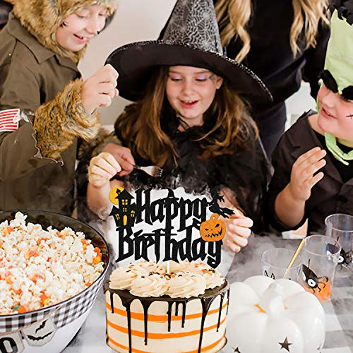 YOYMARR Halloween Cake Topper Happy Birthday Sign Cake Decorations for Halloween Wizard Ghost Pumpkin Themed Birthday Party Supplies Black Sparkle Decor