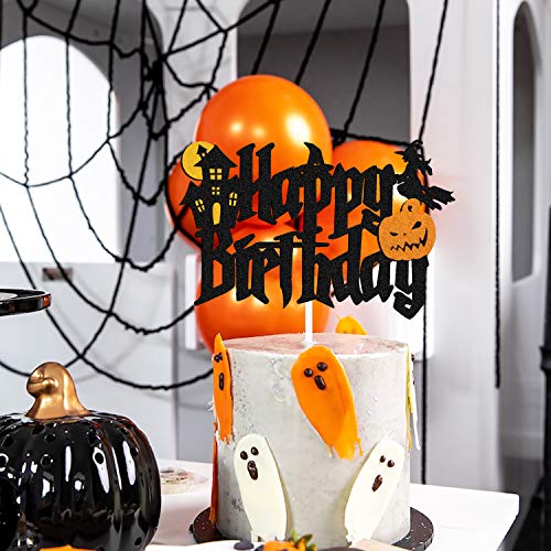 YOYMARR Halloween Cake Topper Happy Birthday Sign Cake Decorations for Halloween Wizard Ghost Pumpkin Themed Birthday Party Supplies Black Sparkle Decor