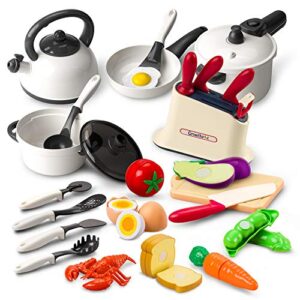 growthpic kids play kitchen accessories, toy cookware set pots and pans cooking utensils playset, cutting play food for toddler kids boys girls