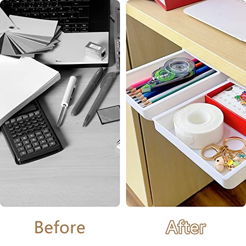 2 Pcs Under Desk Storage Drawers, Undermount Drawer Small Desk Organizer Stick On Desk Drawer Attachment, Hidden Plastic Storage Under Shelf Pull Out Drawers Trays for Office School Home S & L