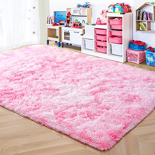 ISEAU Super Soft Rugs for Living Room Shaggy Area Rug, 5x8 Feet Tie-Dye Shaggy Area Rug Fluffy Rugs for Bedroom, Non-Slip Abstract Fuzzy Rugs Dorm Shag Rugs for Girls Boys Kids Room, Tie-Dyed Pink