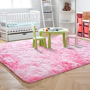 ISEAU Super Soft Rugs for Living Room Shaggy Area Rug, 5x8 Feet Tie-Dye Shaggy Area Rug Fluffy Rugs for Bedroom, Non-Slip Abstract Fuzzy Rugs Dorm Shag Rugs for Girls Boys Kids Room, Tie-Dyed Pink