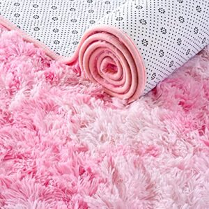 ISEAU Super Soft Rugs for Living Room Shaggy Area Rug, 5x8 Feet Tie-Dye Shaggy Area Rug Fluffy Rugs for Bedroom, Non-Slip Abstract Fuzzy Rugs Dorm Shag Rugs for Girls Boys Kids Room, Tie-Dyed Pink