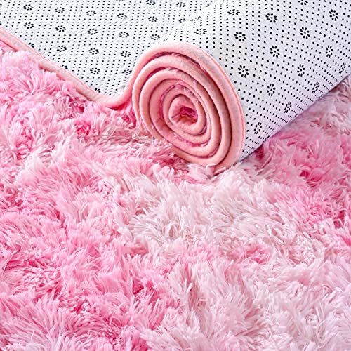 ISEAU Super Soft Rugs for Living Room Shaggy Area Rug, 5x8 Feet Tie-Dye Shaggy Area Rug Fluffy Rugs for Bedroom, Non-Slip Abstract Fuzzy Rugs Dorm Shag Rugs for Girls Boys Kids Room, Tie-Dyed Pink