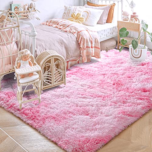 ISEAU Super Soft Rugs for Living Room Shaggy Area Rug, 5x8 Feet Tie-Dye Shaggy Area Rug Fluffy Rugs for Bedroom, Non-Slip Abstract Fuzzy Rugs Dorm Shag Rugs for Girls Boys Kids Room, Tie-Dyed Pink