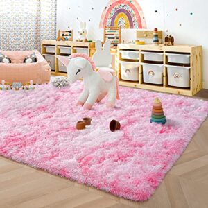 ISEAU Super Soft Rugs for Living Room Shaggy Area Rug, 5x8 Feet Tie-Dye Shaggy Area Rug Fluffy Rugs for Bedroom, Non-Slip Abstract Fuzzy Rugs Dorm Shag Rugs for Girls Boys Kids Room, Tie-Dyed Pink