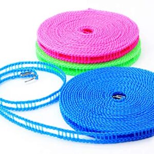 Madowl 3 Pack Clothesline Clothes Drying Rope Nylon Clothes Line 5 Meters Portable Drying Rope Clothes Lines Hanger Rope Fixing Hangers for Indoor Outdoor Camping Travel Home Use (Blue, Green, Pink)