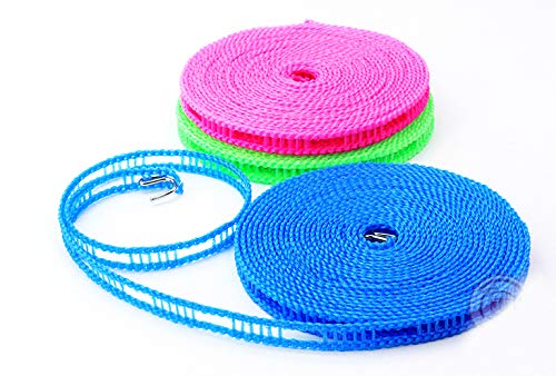 Madowl 3 Pack Clothesline Clothes Drying Rope Nylon Clothes Line 5 Meters Portable Drying Rope Clothes Lines Hanger Rope Fixing Hangers for Indoor Outdoor Camping Travel Home Use (Blue, Green, Pink)