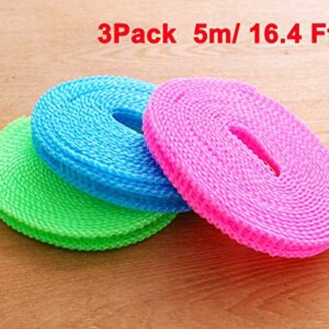 Madowl 3 Pack Clothesline Clothes Drying Rope Nylon Clothes Line 5 Meters Portable Drying Rope Clothes Lines Hanger Rope Fixing Hangers for Indoor Outdoor Camping Travel Home Use (Blue, Green, Pink)