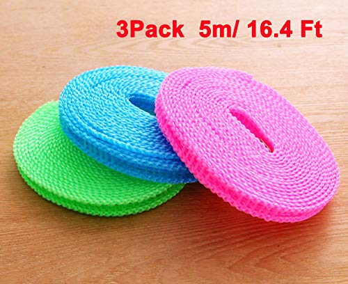 Madowl 3 Pack Clothesline Clothes Drying Rope Nylon Clothes Line 5 Meters Portable Drying Rope Clothes Lines Hanger Rope Fixing Hangers for Indoor Outdoor Camping Travel Home Use (Blue, Green, Pink)