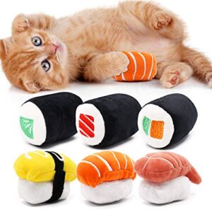 ciyvolyeen 6 pack sushi cat toys with catnip sushi roll pillow kitten chew bite supplies boredom relief fluffy kitty teeth cleaning chewing cat lovers interactive plush gift