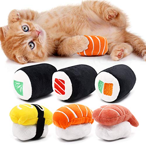 CiyvoLyeen 6 Pack Sushi Cat Toys with Catnip Sushi Roll Pillow Kitten Chew Bite Supplies Boredom Relief Fluffy Kitty Teeth Cleaning Chewing Cat Lovers Interactive Plush Gift