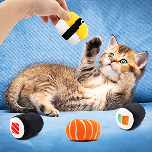 CiyvoLyeen 6 Pack Sushi Cat Toys with Catnip Sushi Roll Pillow Kitten Chew Bite Supplies Boredom Relief Fluffy Kitty Teeth Cleaning Chewing Cat Lovers Interactive Plush Gift