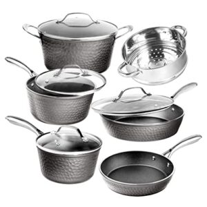 granitestone pots and pans set with hammered design, 10 piece complete nonstick kitchen cookware set, dishwasher safe pots & pan set with induction cookware & stay cool handles,100% pfoa free-platinum