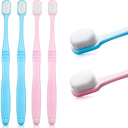 4 Pieces Extra Soft Toothbrushes Micro Nano Manual Toothbrush for Sensitive Gums with 20,000 Extra Soft Bristles for Fragile Gums Adult Kid Children (Blue, Pink)