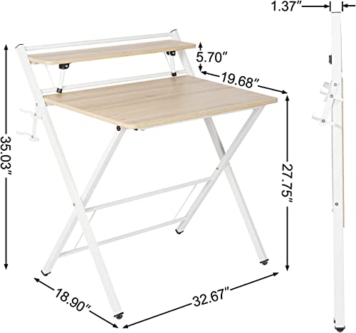 Folding Computer Desk for Small Space, 2 Tier Simple Laptop Writing Table with Shelf, Multipurpose Foldable Study Desk, Kids Desk, No Assembly Needed (Khaki)