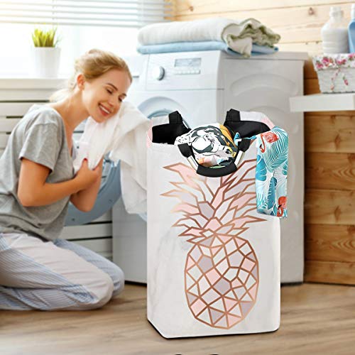 ALAZA Pineapple Laundry Basket Collapsible, Fabric Laundry Hamper Basket Foldable, Rose Gold Pineapple On Pink and White Marble