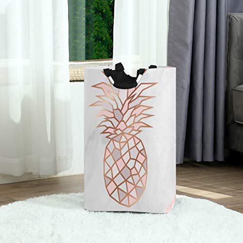 ALAZA Pineapple Laundry Basket Collapsible, Fabric Laundry Hamper Basket Foldable, Rose Gold Pineapple On Pink and White Marble