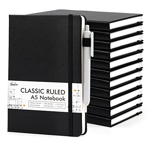 12 Pack Notebooks Journals Bulk with 12 Black Pens, Feela A5 Hardcover Notebook Classic Ruled Journal Set with Pen Holder for School Business Work Travel Writing, 120 GSM, 5.1”x8.3”, Black