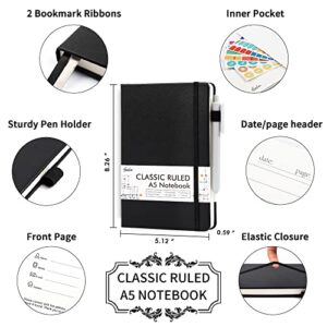 12 Pack Notebooks Journals Bulk with 12 Black Pens, Feela A5 Hardcover Notebook Classic Ruled Journal Set with Pen Holder for School Business Work Travel Writing, 120 GSM, 5.1”x8.3”, Black