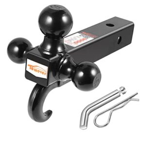 towever 84181p class 3/4 trailer hitch tri ball mount with hook (black, hollow shank), for pickup truck hitch receiver pin and clip included