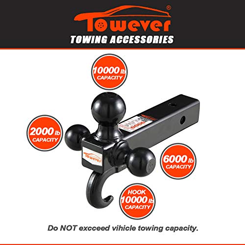 Towever 84181P Class 3/4 Trailer Hitch Tri Ball Mount with Hook (Black, Hollow Shank), for Pickup Truck Hitch Receiver Pin and Clip Included