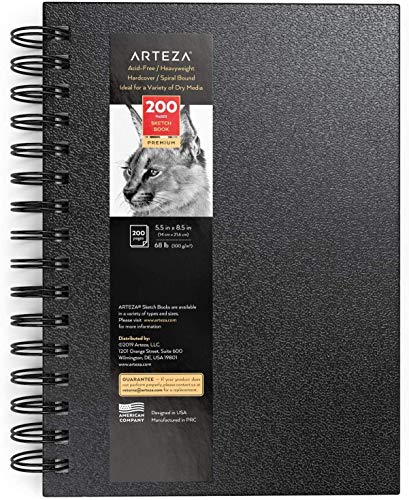 Arteza Small Sketch Book 5.5x8.5 Inches, Black Sketch Pad, 100 Sheets, 68 lb 100 GSM Paper, Hardcover Spiral-Bound Drawing Book, Use with Pencils, Charcoal, Pens, Crayons and Other Dry Media