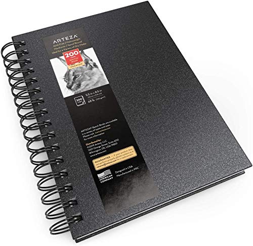 Arteza Small Sketch Book 5.5x8.5 Inches, Black Sketch Pad, 100 Sheets, 68 lb 100 GSM Paper, Hardcover Spiral-Bound Drawing Book, Use with Pencils, Charcoal, Pens, Crayons and Other Dry Media