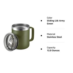 ALOUFEA 12oz Stainless Steel Insulated Coffee Mug with Handle, Double Wall Vacuum Travel Mug, Tumbler Cup with Sliding Lid, Army Green