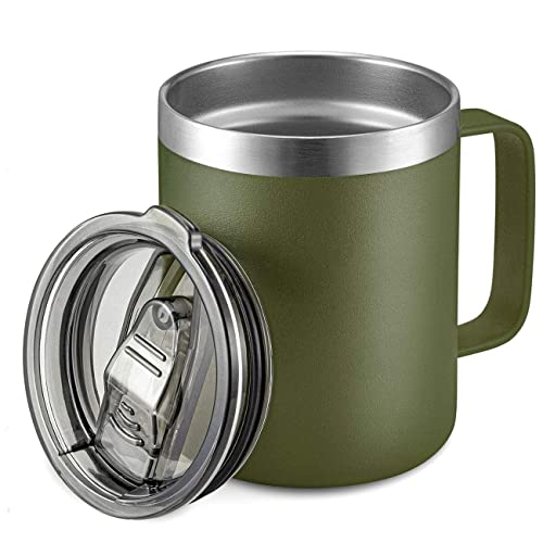 ALOUFEA 12oz Stainless Steel Insulated Coffee Mug with Handle, Double Wall Vacuum Travel Mug, Tumbler Cup with Sliding Lid, Army Green